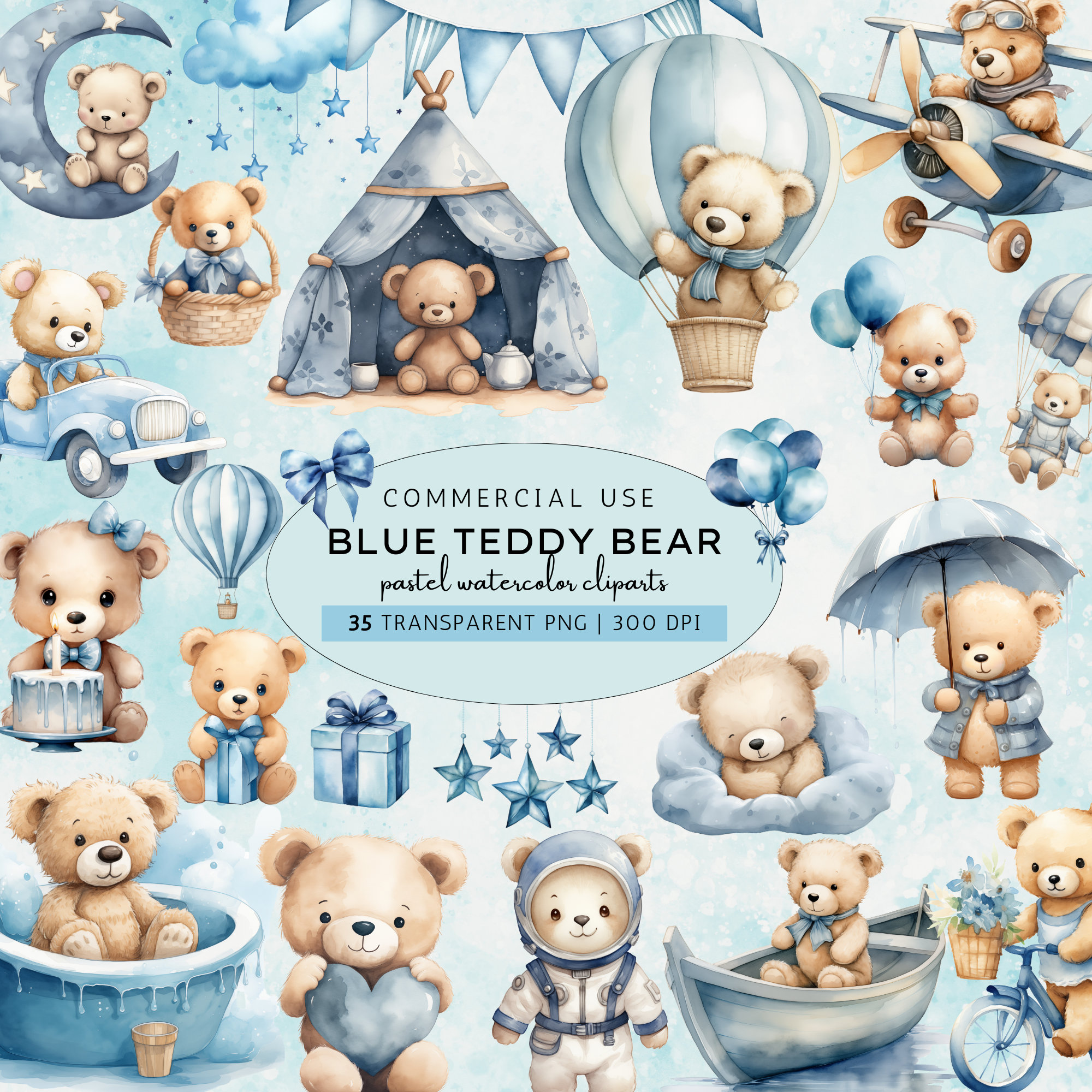 Cute Blue Teddy Bear Clipart, Watercolor Teddy Bear PNG, Hot Air ...
