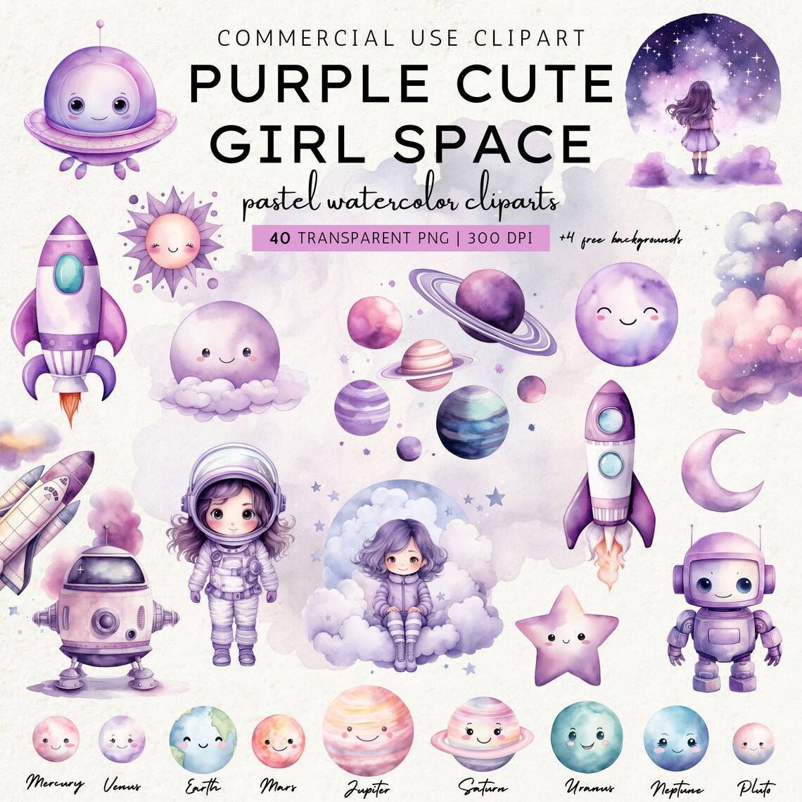 Watercolor Cute Kids Space Clipart Mega Bundle, Pastel Boy Girl Nursery ...