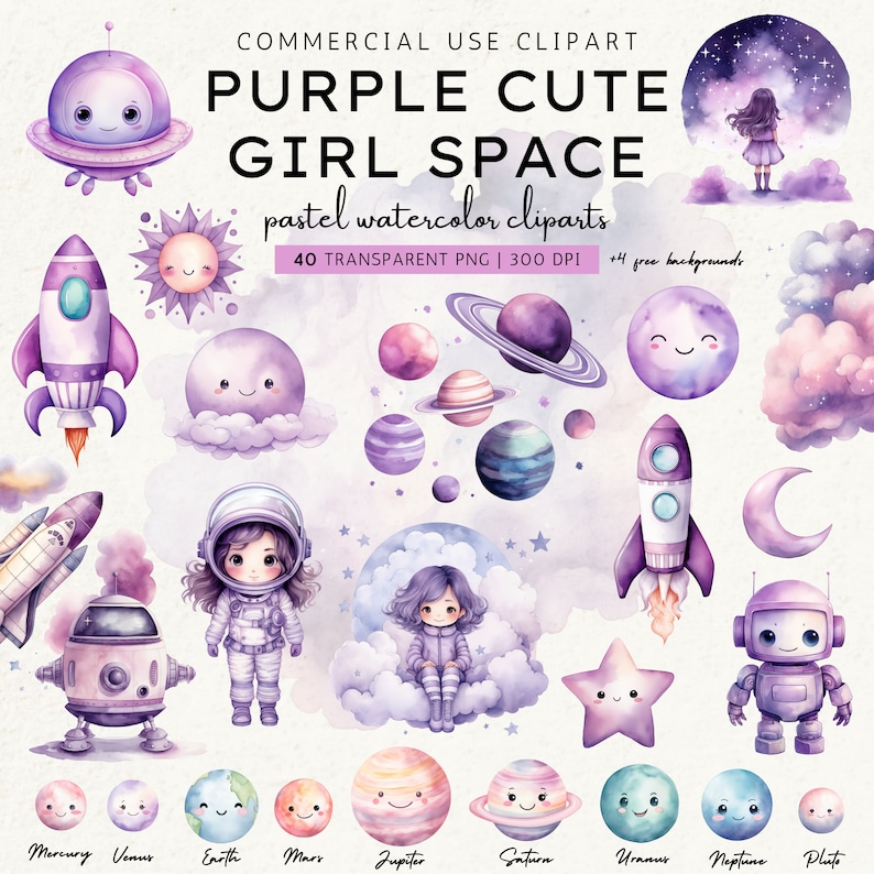 Watercolor Cute Kids Space Clipart Mega Bundle, Pastel Boy Girl Nursery ...