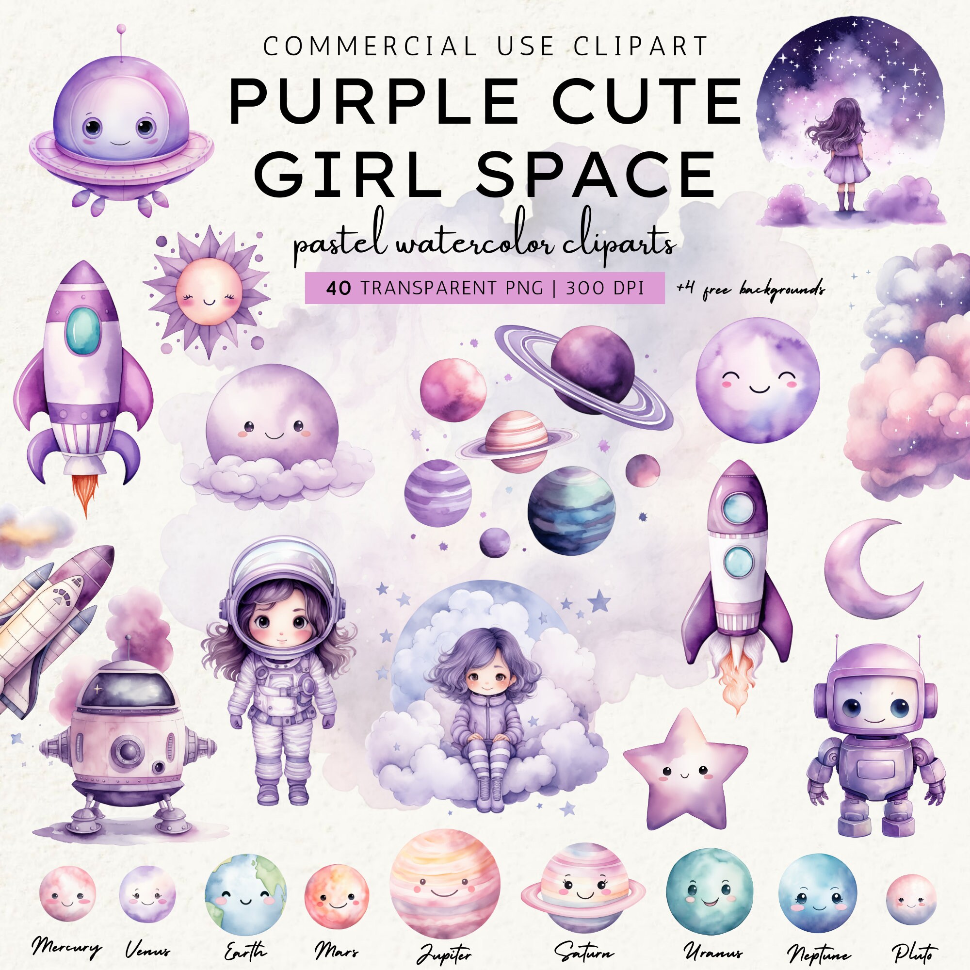 Watercolor Cute Kids Space Clipart Mega Bundle, Pastel Boy Girl Nursery ...