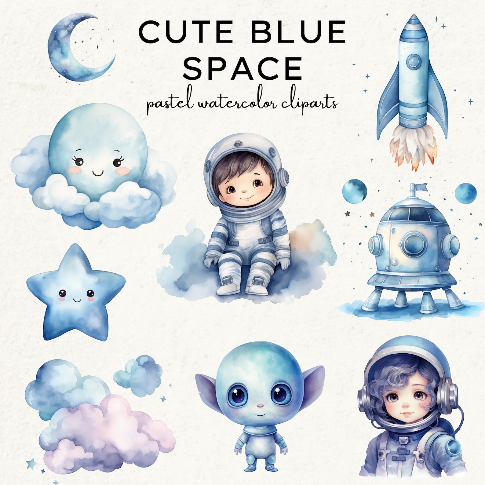 Pastel Watercolor Cute Blue Space Clipart Bundle, Pastel Boy Girl ...