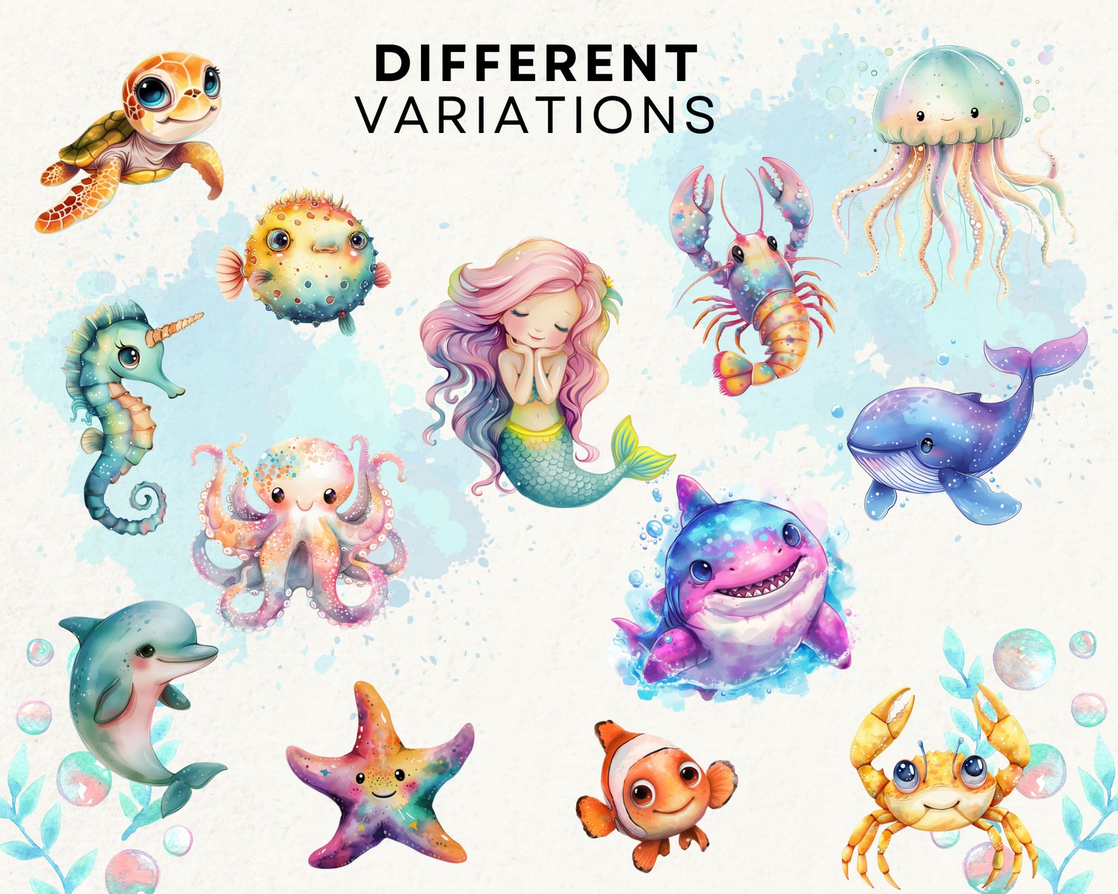 Undersea Watercolor Cute Animals Clipart, Cute Ocean Creatures Png ...