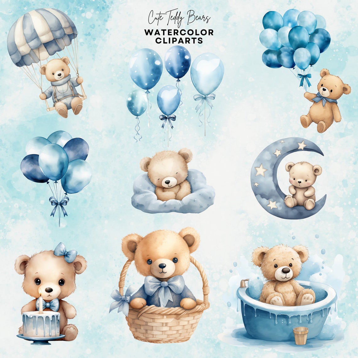 Cute Blue Teddy Bear Clipart, Watercolor Teddy Bear PNG, Hot Air ...