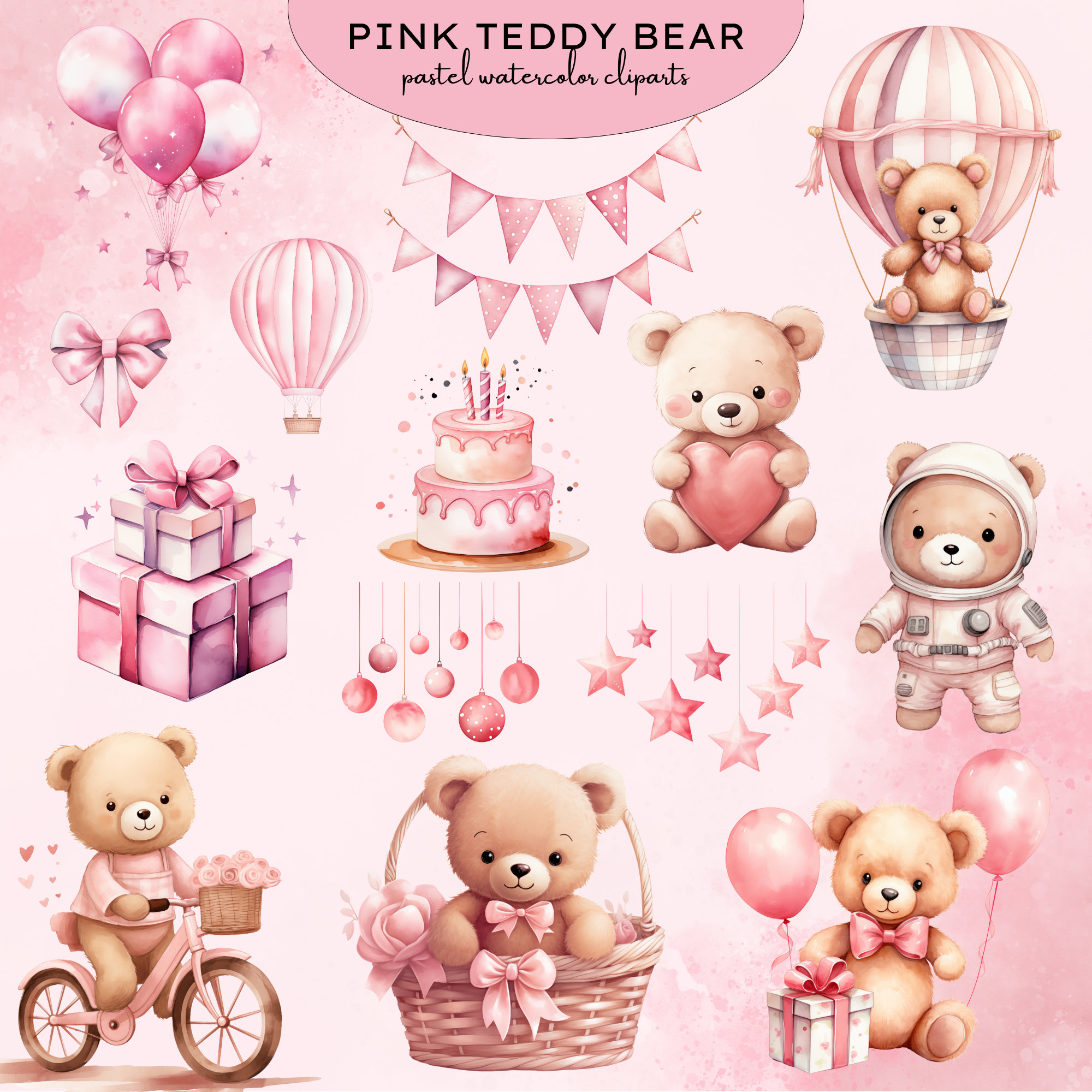 Cute Pink Teddy Bear Clipart, Watercolor Teddy Bear PNG, Hot Air ...