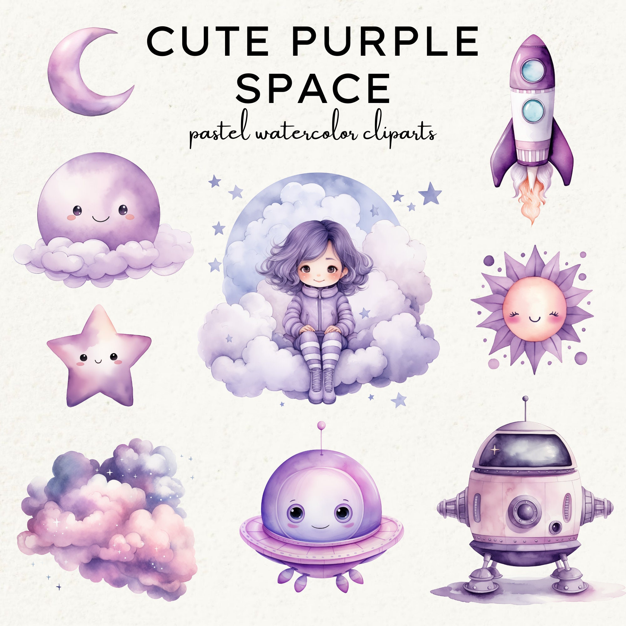 Cute Purple Watercolor Space Clipart Bundle, Pastel Girl Astronaut ...