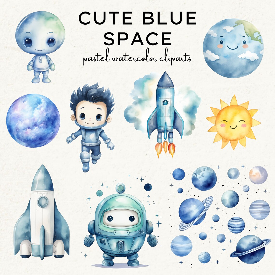 Pastel Watercolor Cute Blue Space Clipart Bundle, Pastel Boy Girl ...