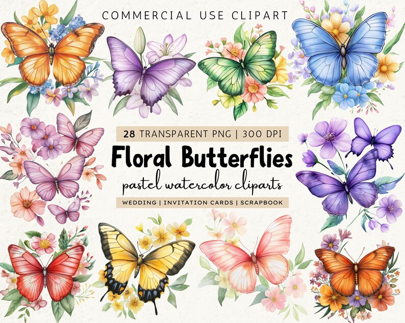Watercolor Floral Butterflies Clipart, Pastel Butterfly PNG, Spring ...