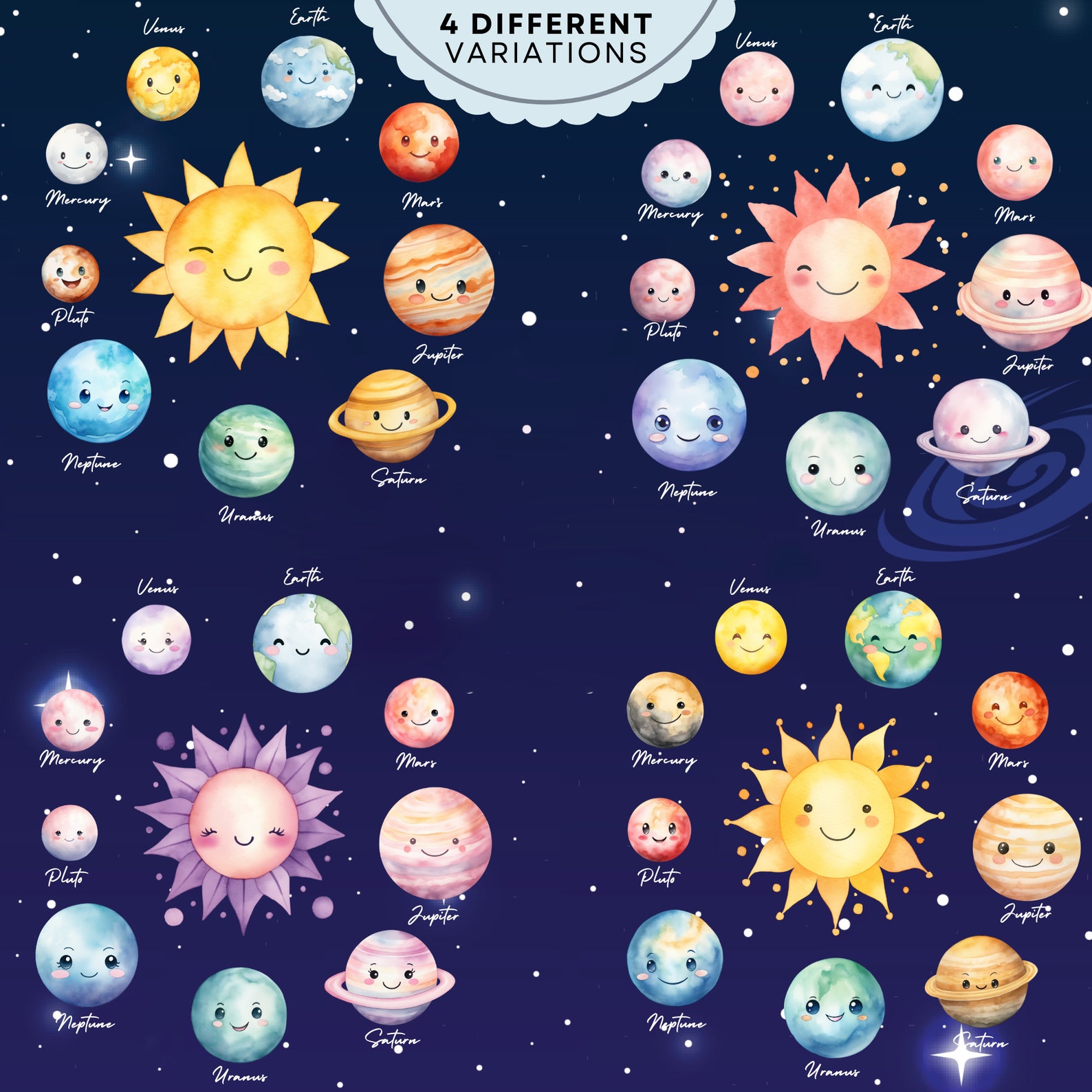 Cute Solar System Planets Space Cliparts, Pastel Watercolor PNG, Kawaii ...