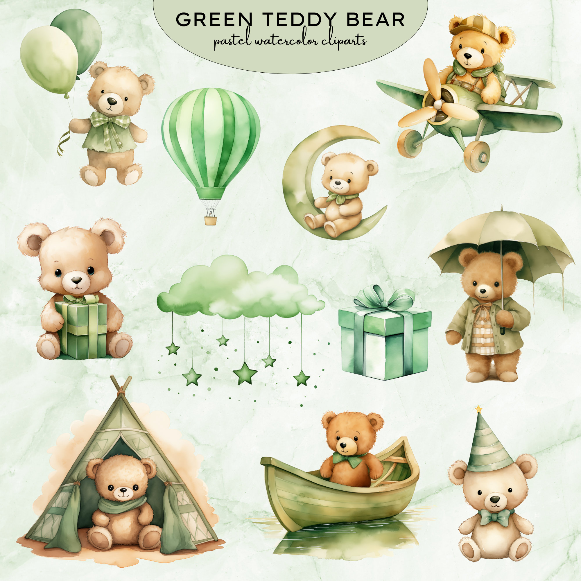 Cute Green Teddy Bear Clipart, Watercolor Teddy Bear PNG, Hot Air ...