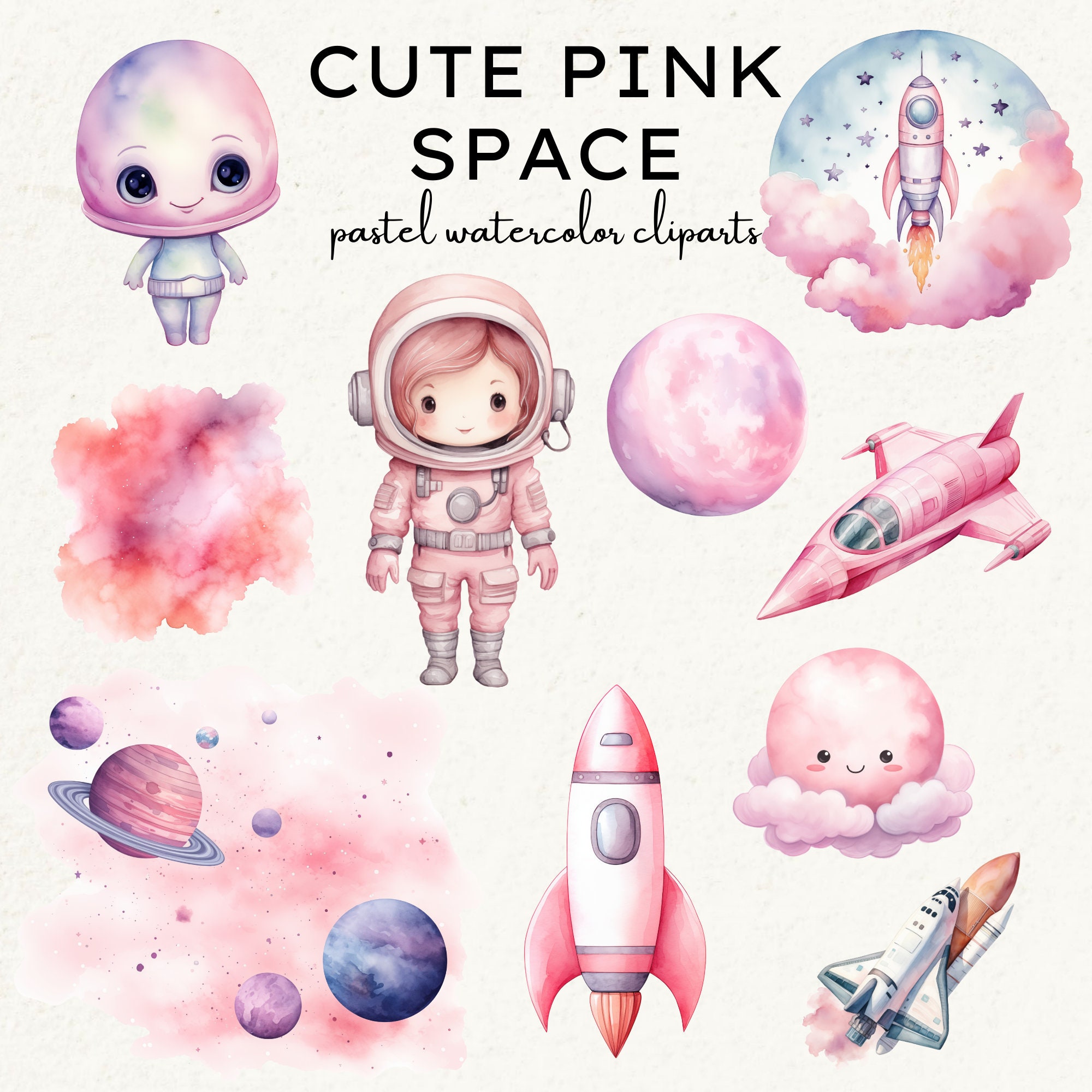 Cute Pink Watercolor Space Clipart Bundle, Pastel Girl Astronaut ...
