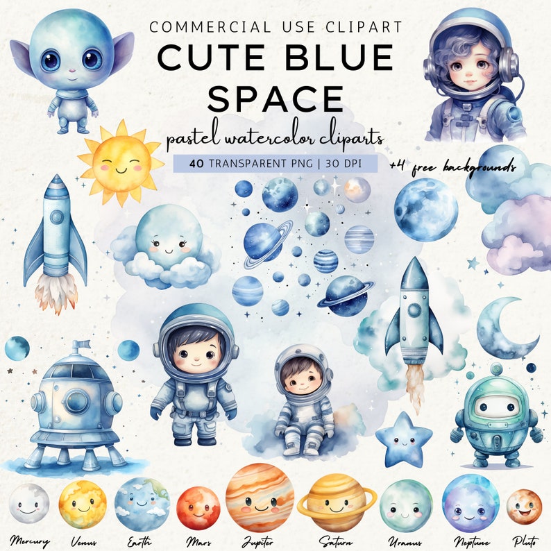 Watercolor Cute Kids Space Clipart Mega Bundle, Pastel Boy Girl Nursery ...