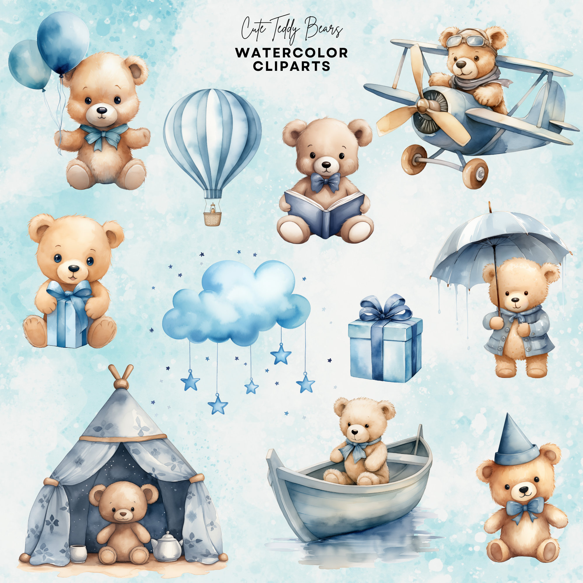 Cute Blue Teddy Bear Clipart, Watercolor Teddy Bear PNG, Hot Air ...