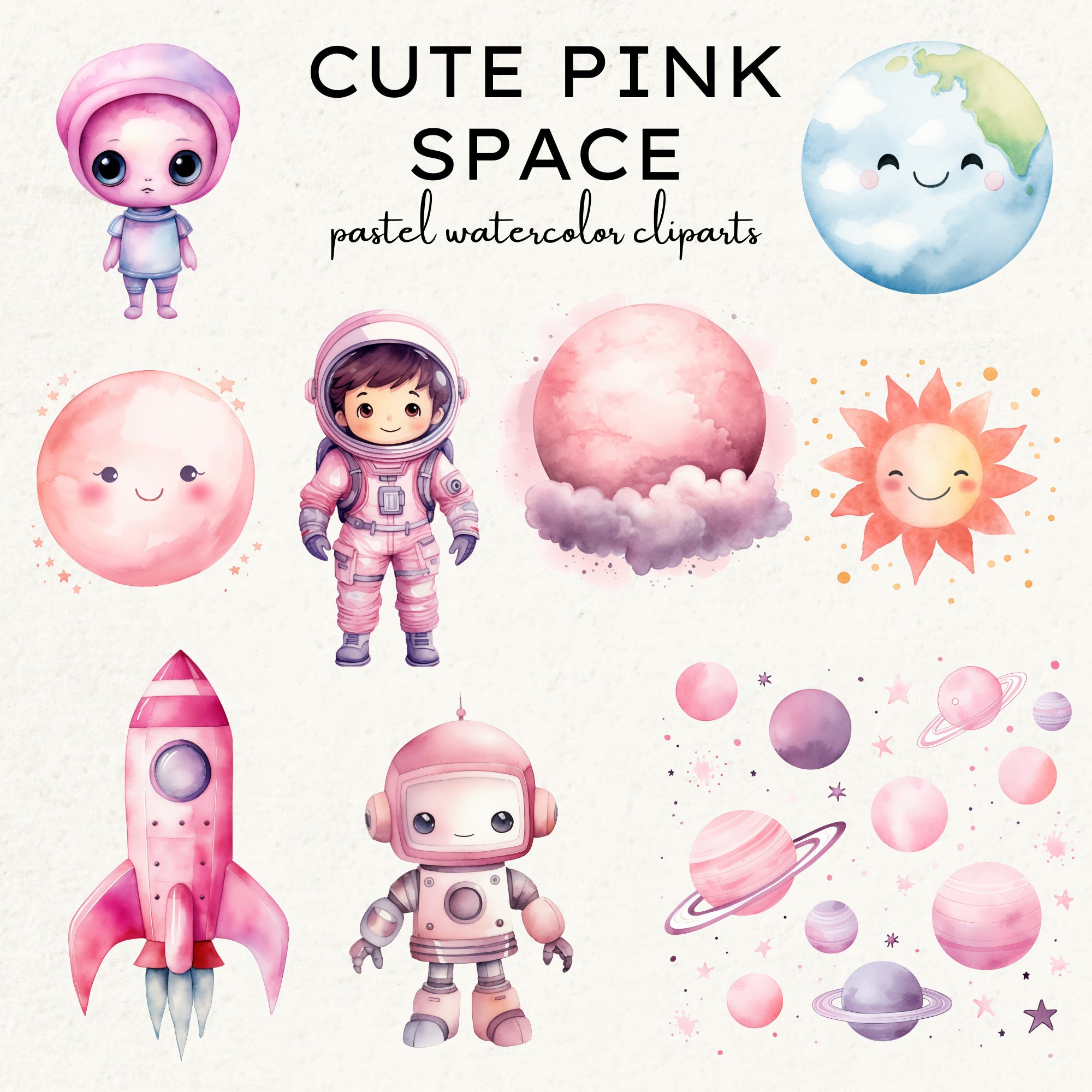 Cute Pink Watercolor Space Clipart Bundle, Pastel Girl Astronaut ...