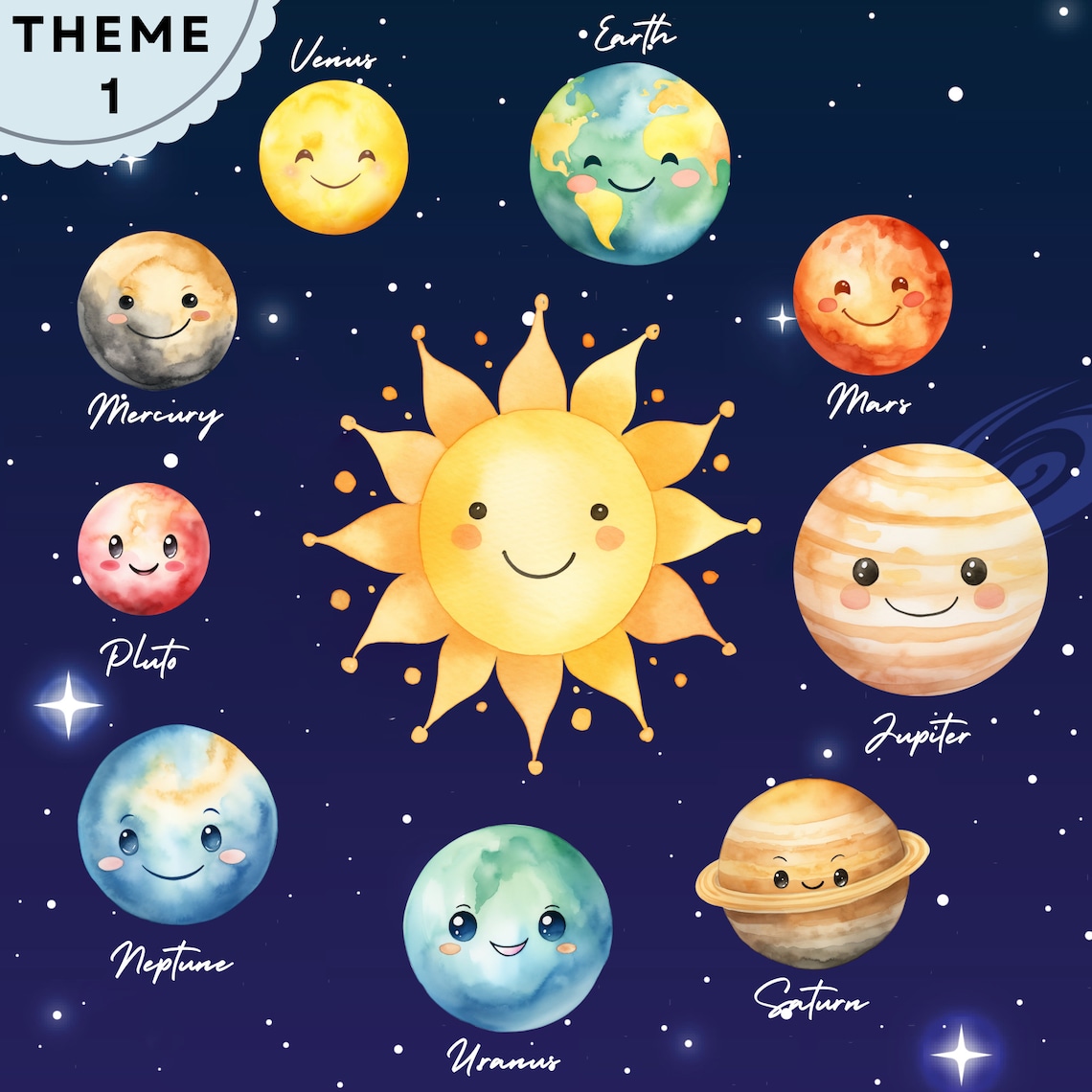 Cute Solar System Planets Space Cliparts, Pastel Watercolor PNG, Kawaii ...