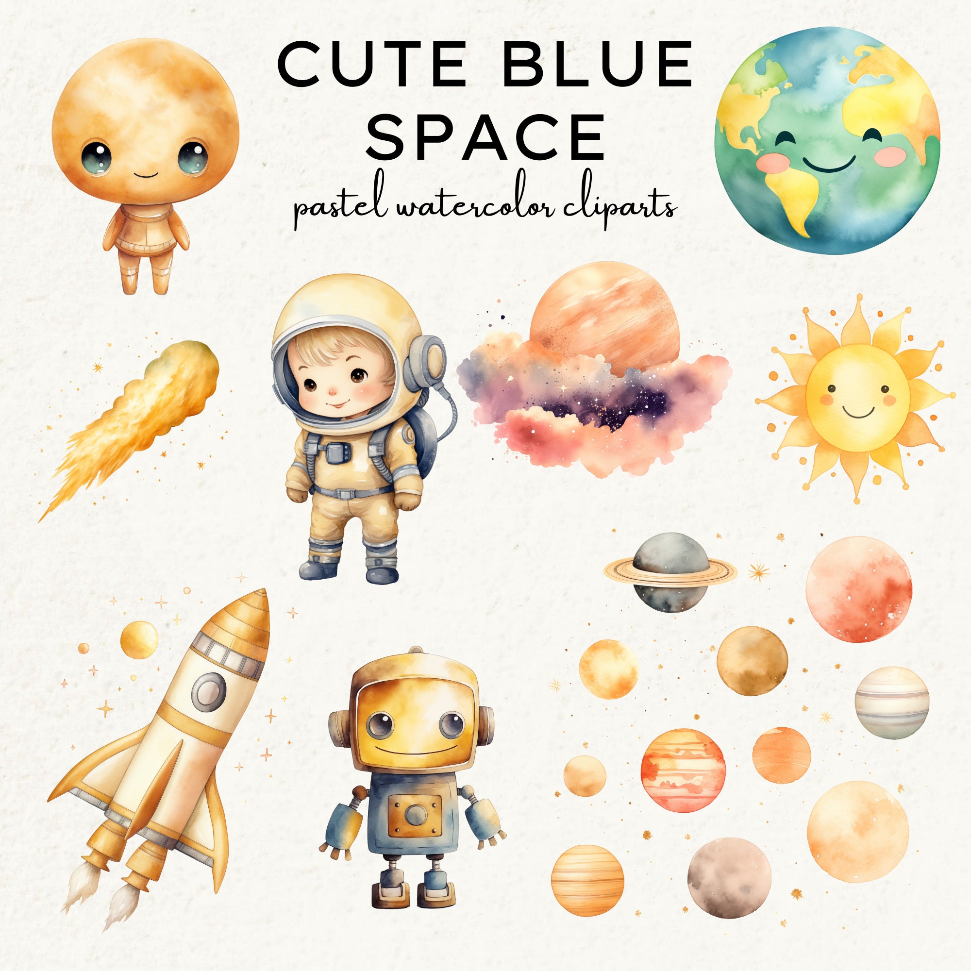 Cute Pastel Watercolor Golden Space Clipart Bundle, Astronaut Nursery ...