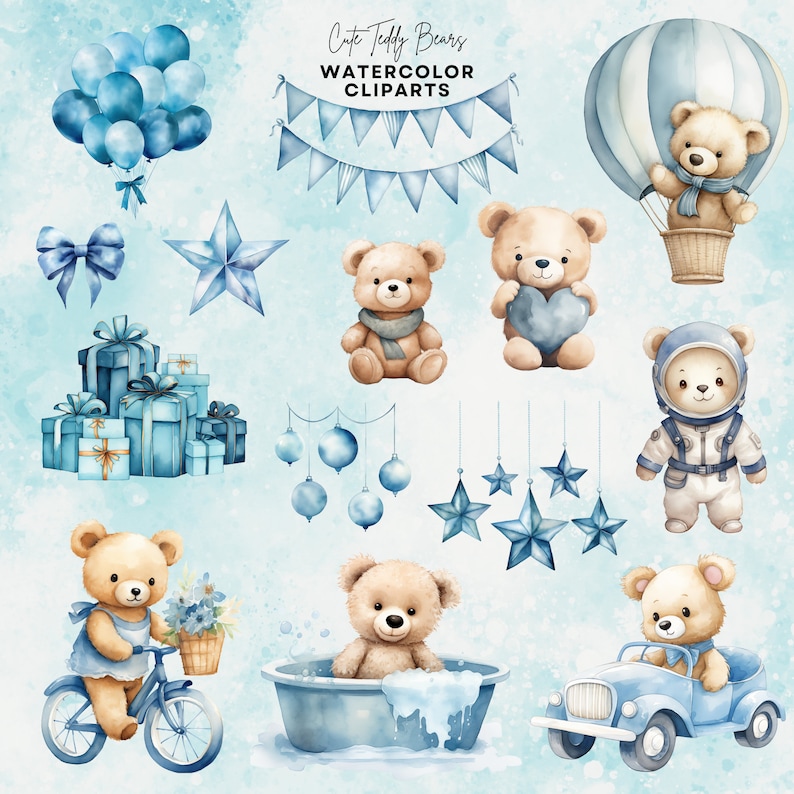 Cute Blue Teddy Bear Clipart, Watercolor Teddy Bear PNG, Hot Air ...