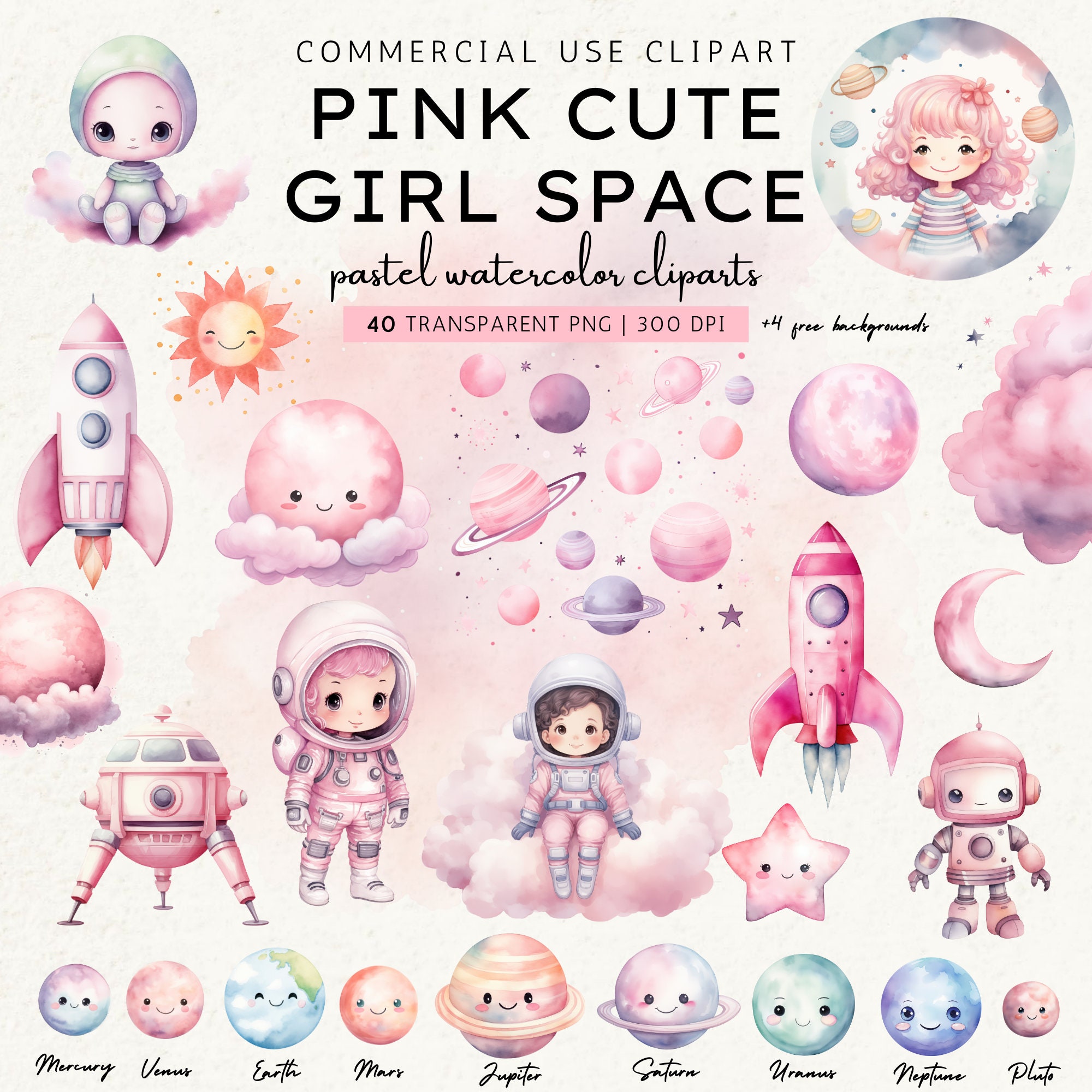 Watercolor Cute Kids Space Clipart Mega Bundle, Pastel Boy Girl Nursery ...