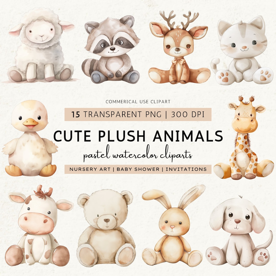 Cute Plush Animals Clipart, Vintage Stuffed Animals PNG Bundle, Nursery ...