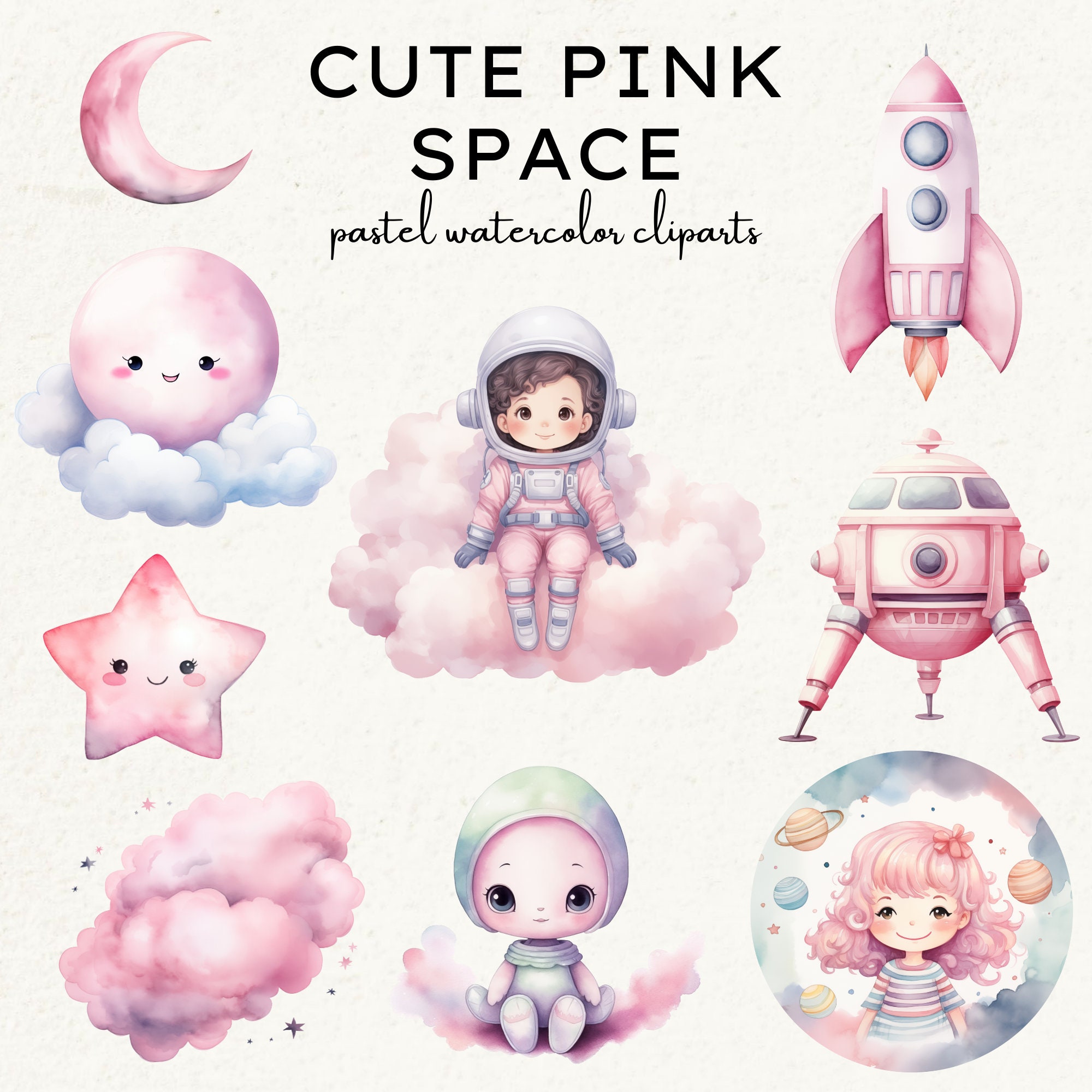 Cute Pink Watercolor Space Clipart Bundle, Pastel Girl Astronaut ...
