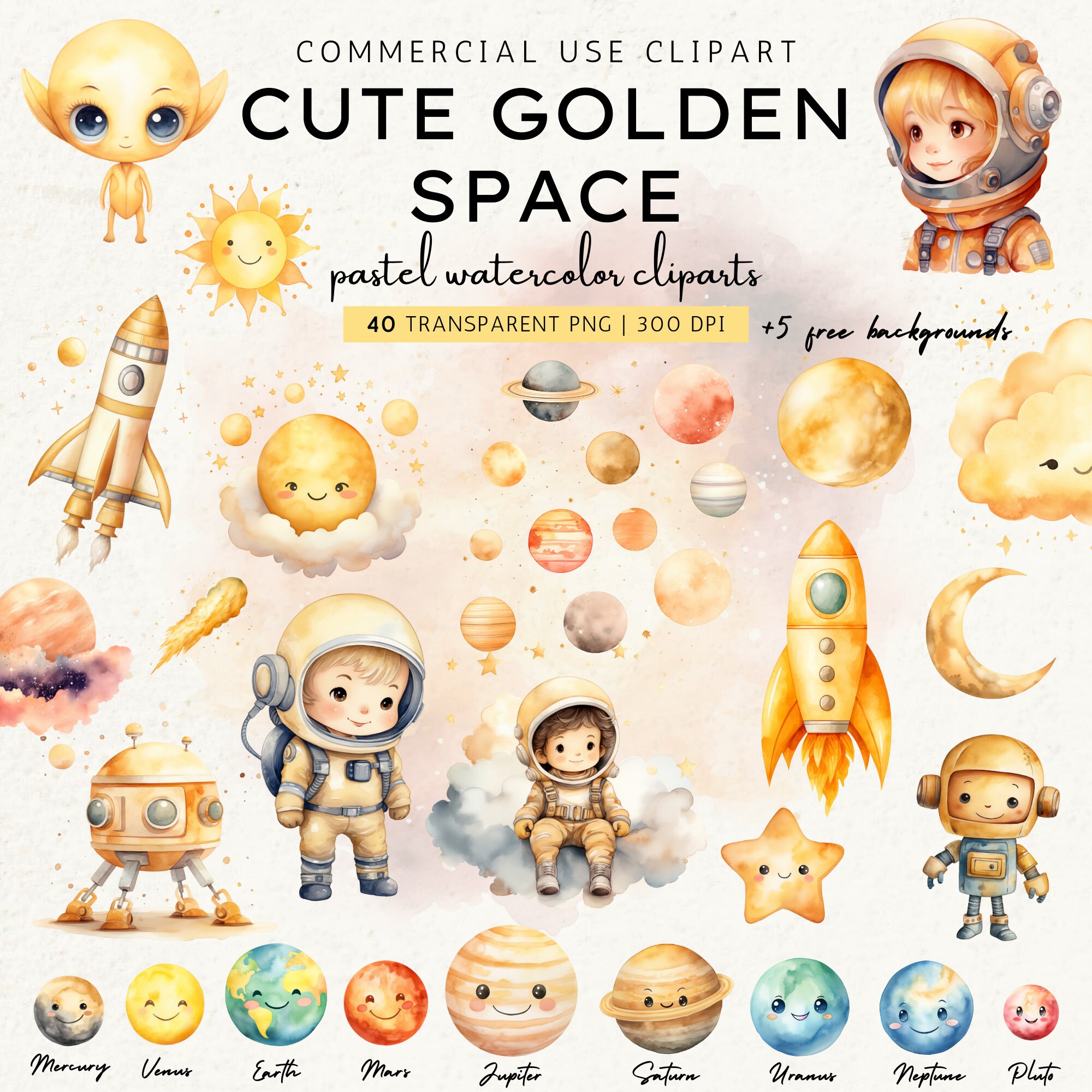 Watercolor Cute Kids Space Clipart Mega Bundle, Pastel Boy Girl Nursery ...