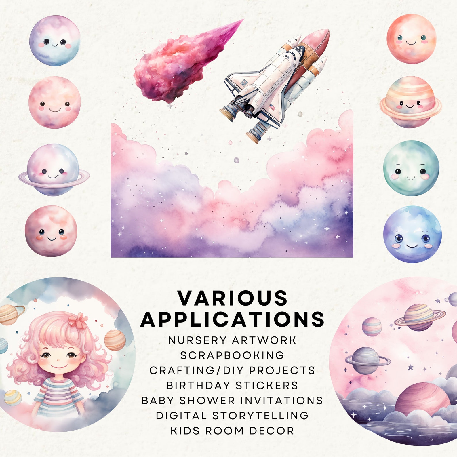Cute Pink Watercolor Space Clipart Bundle, Pastel Girl Astronaut ...