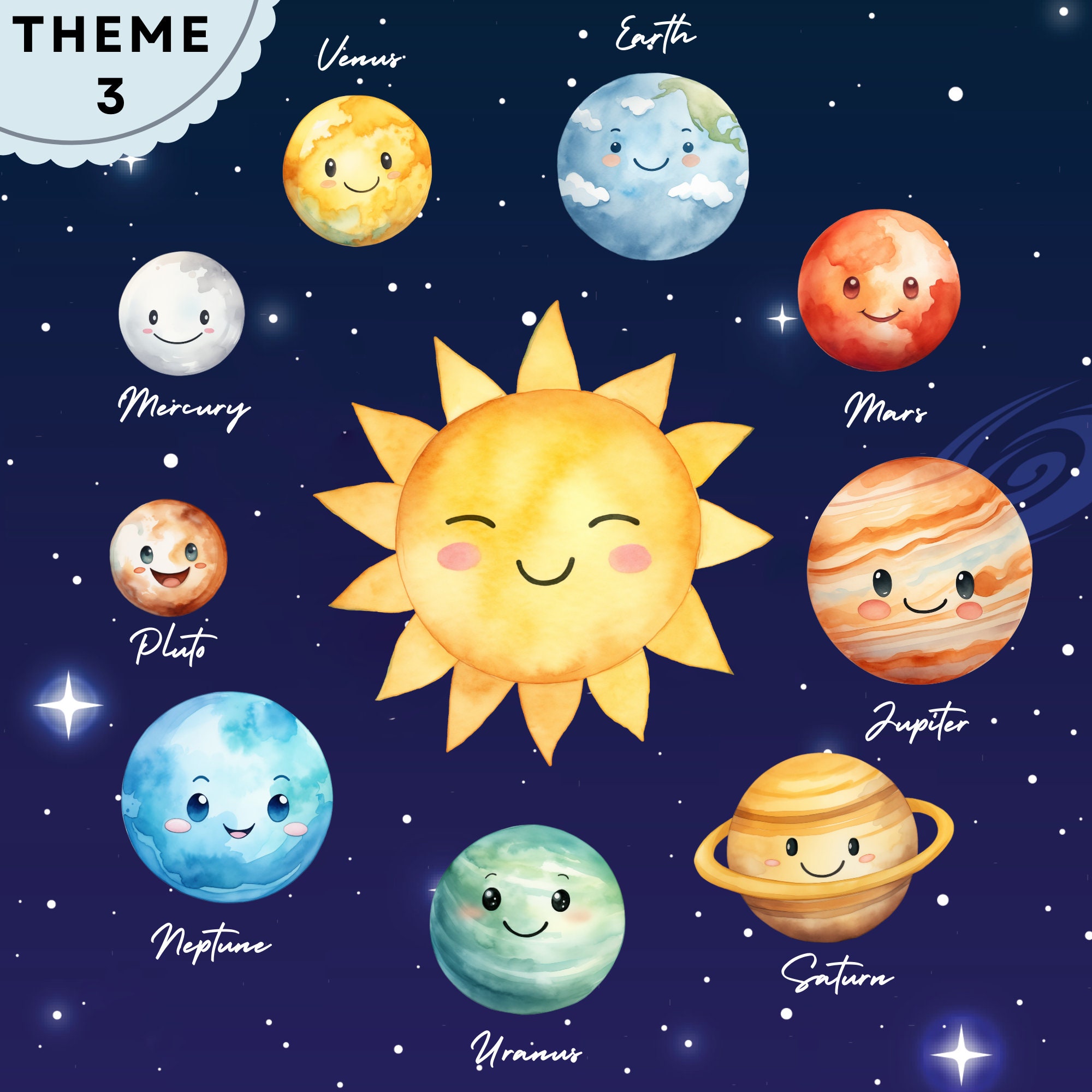 Cute Solar System Planets Space Cliparts, Pastel Watercolor PNG, Kawaii ...
