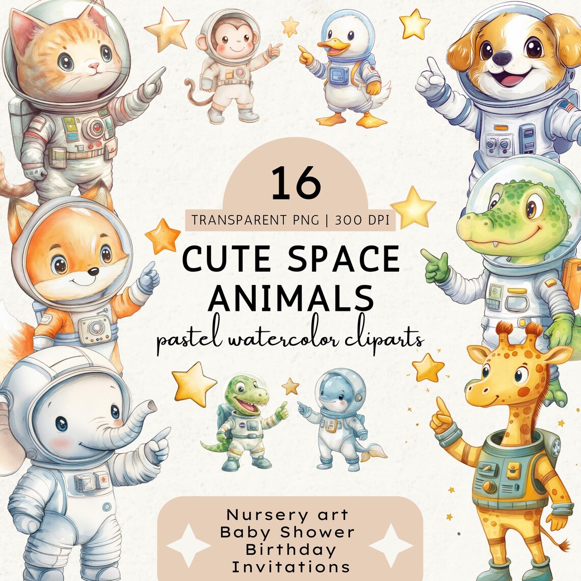 Cute Space Animals Clipart, Astronaut Animals PNG Bundle, Nursery Wall ...