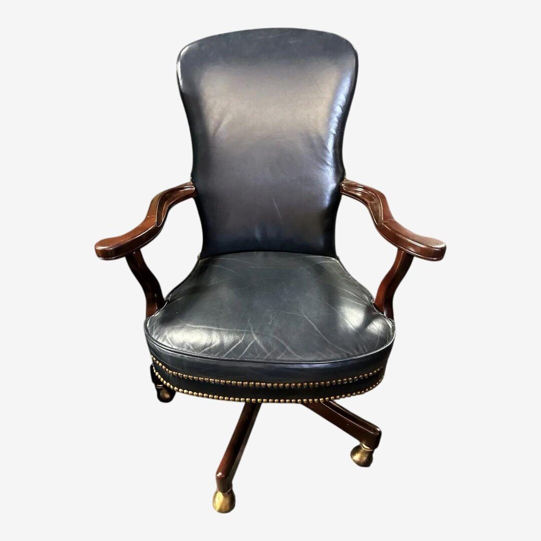 Quaker Furniture Dark Blue Leather Swivel Chair - Made in Hickory, NC ...