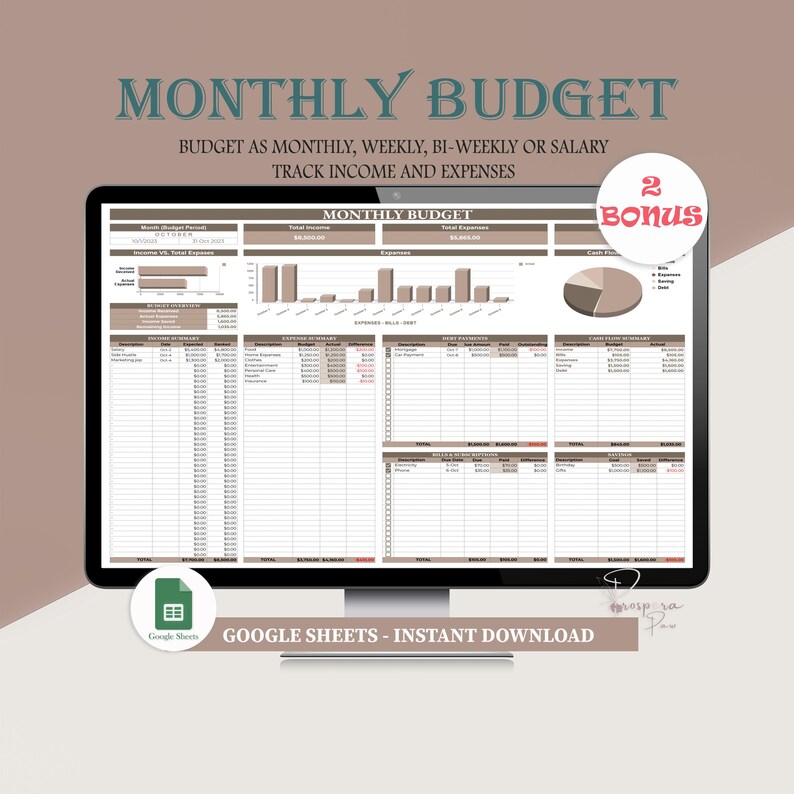 Monthly Budget Spreadsheets for Google Sheets, Budget Sheet, Paycheck ...