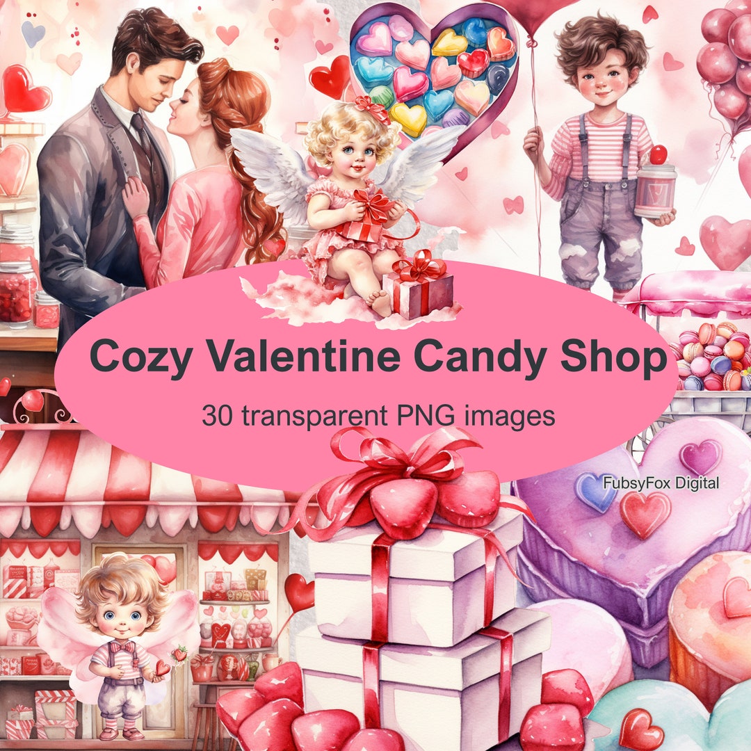 30 PNG Valentines Day Clipart, Watercolor Cozy Valentines Candy Shop ...