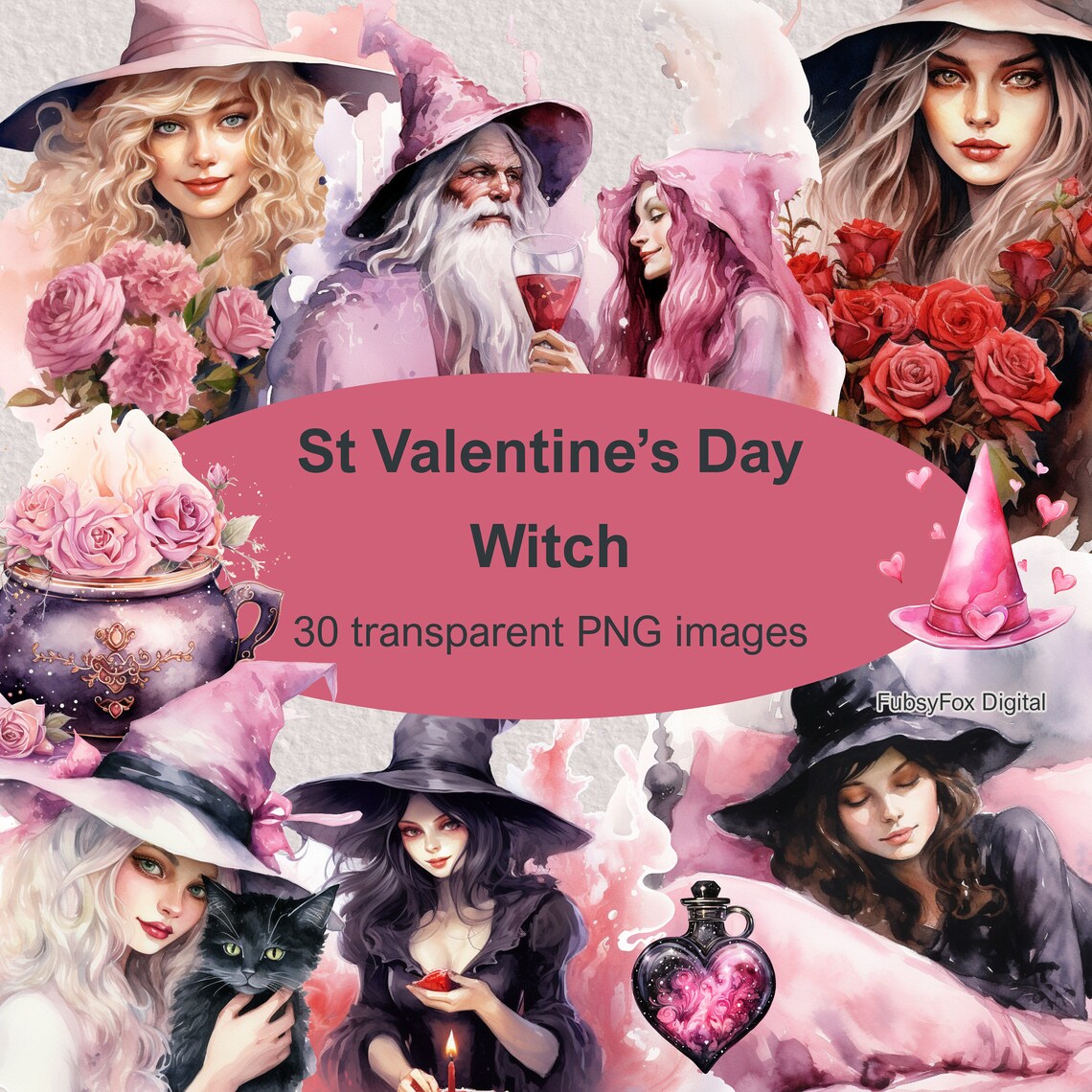 30 Valentine Pink Witch Witchcraft Watercolor Clipart PNG Bundle. AI ...