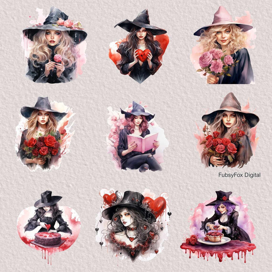 30 Valentine Pink Witch Witchcraft Watercolor Clipart PNG Bundle. AI ...