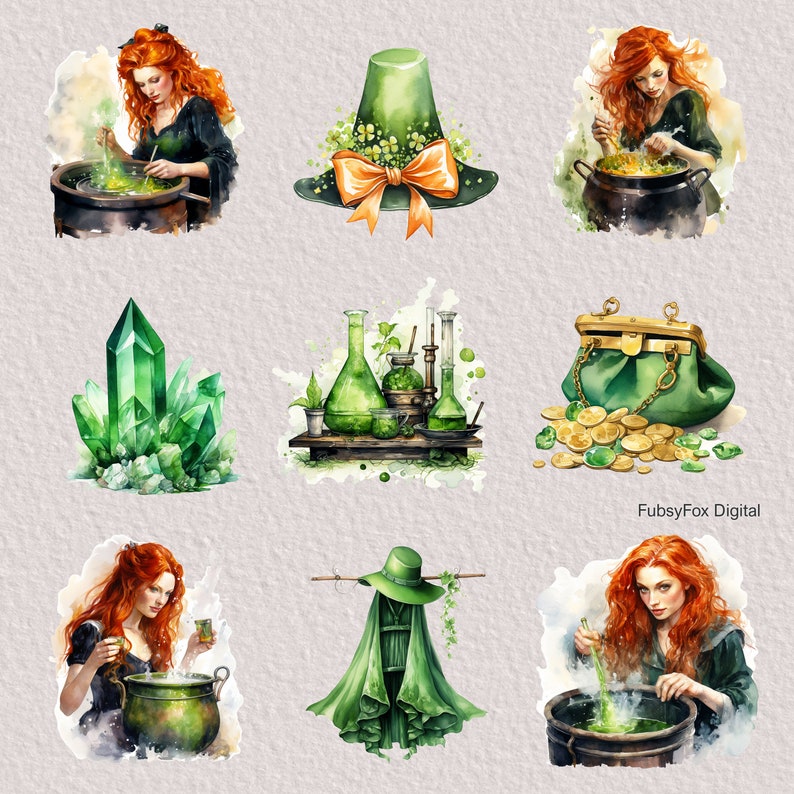 Witch St Patricks Day Png Watercolor Bundle, Mystical Clipart, St ...