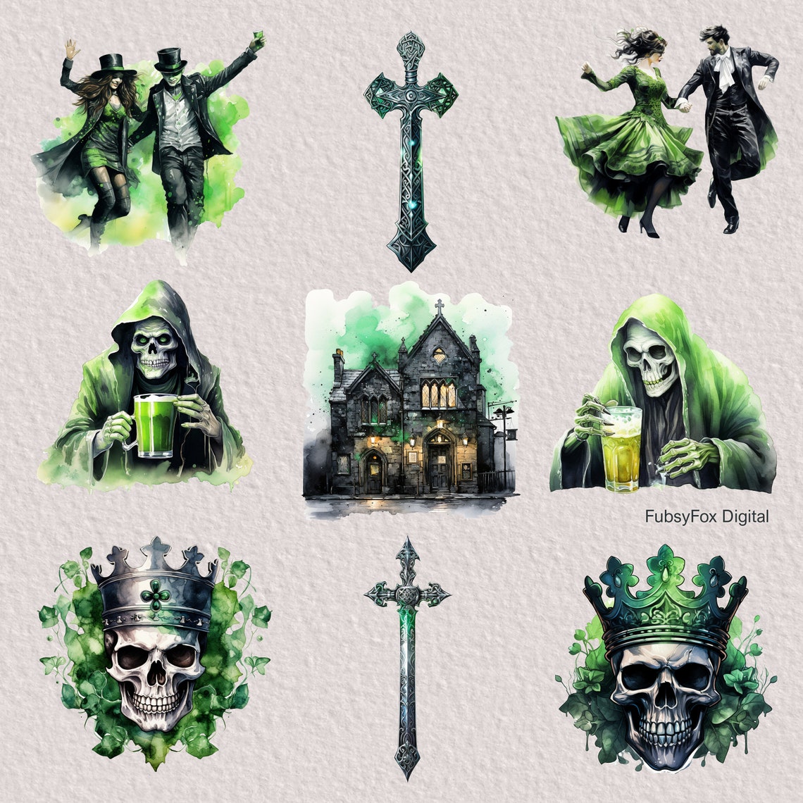Saint Patrick's Day Watercolor Gothic Clipart Bundle, Festive Graphics, St Patrick's Graphics ...