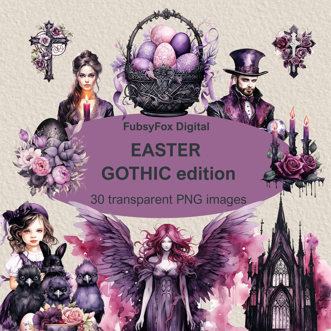 Easter Purple Watercolor Gothic Clipart Bundle, 30 Transparent Festive ...