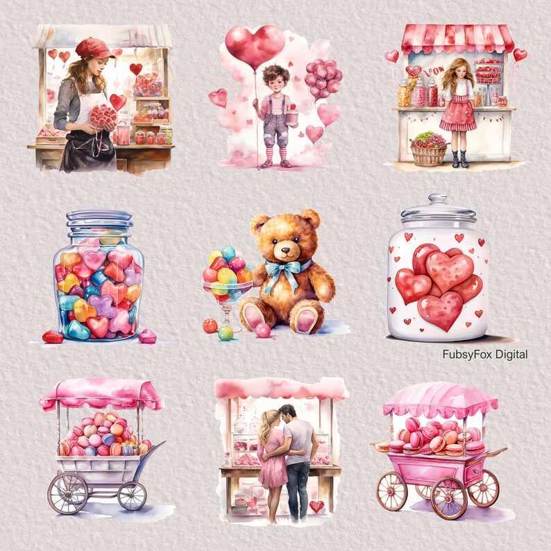 30 PNG Valentines Day Clipart, Watercolor Cozy Valentines Candy Shop ...