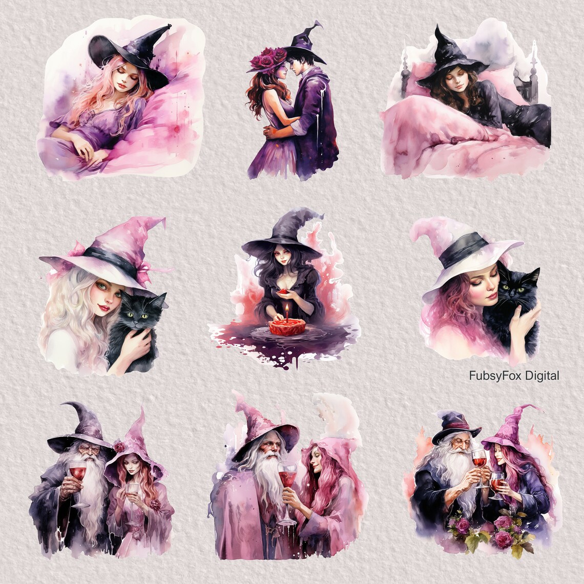 30 Valentine Pink Witch Witchcraft Watercolor Clipart PNG Bundle. AI ...
