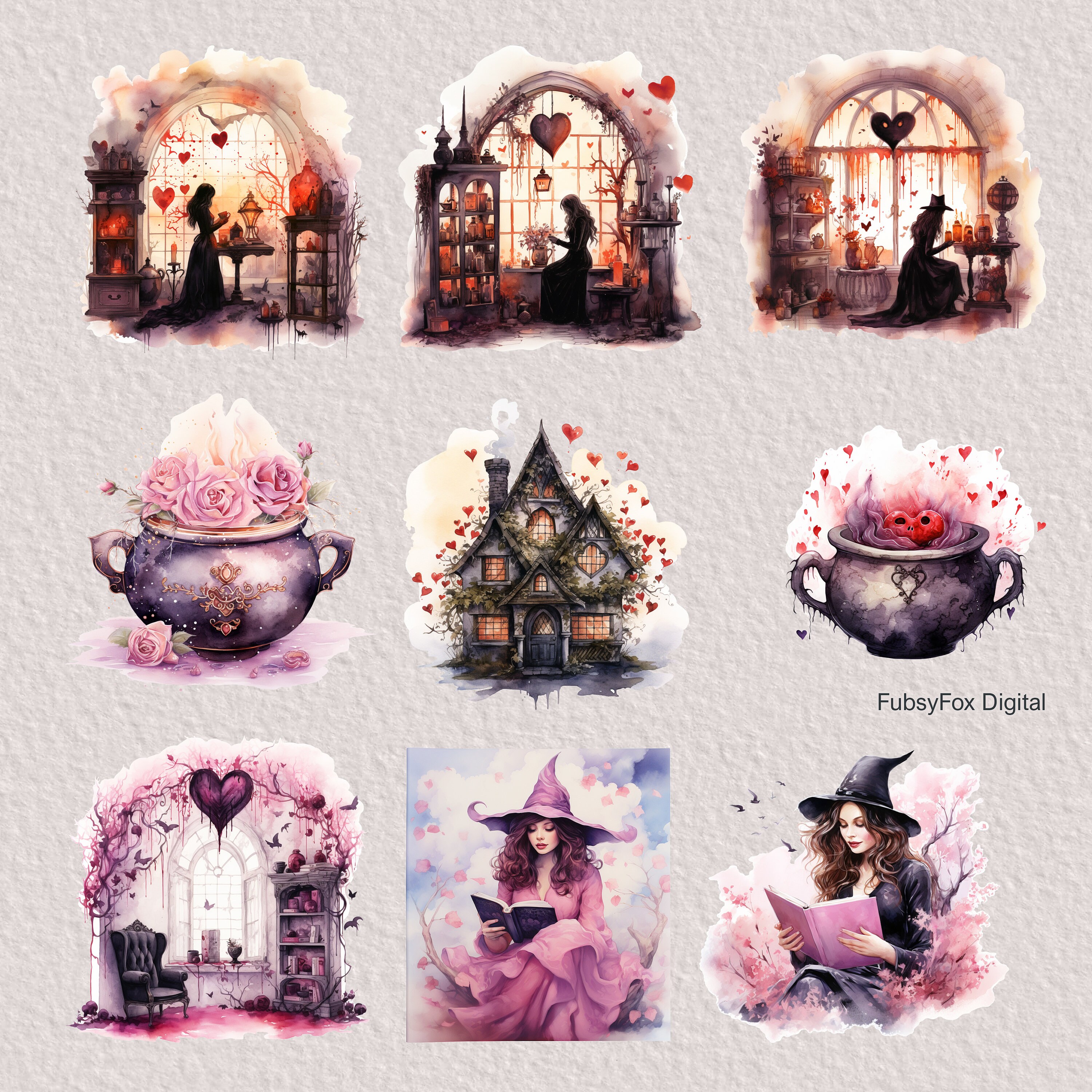 30 Valentine Pink Witch Witchcraft Watercolor Clipart PNG Bundle. AI ...