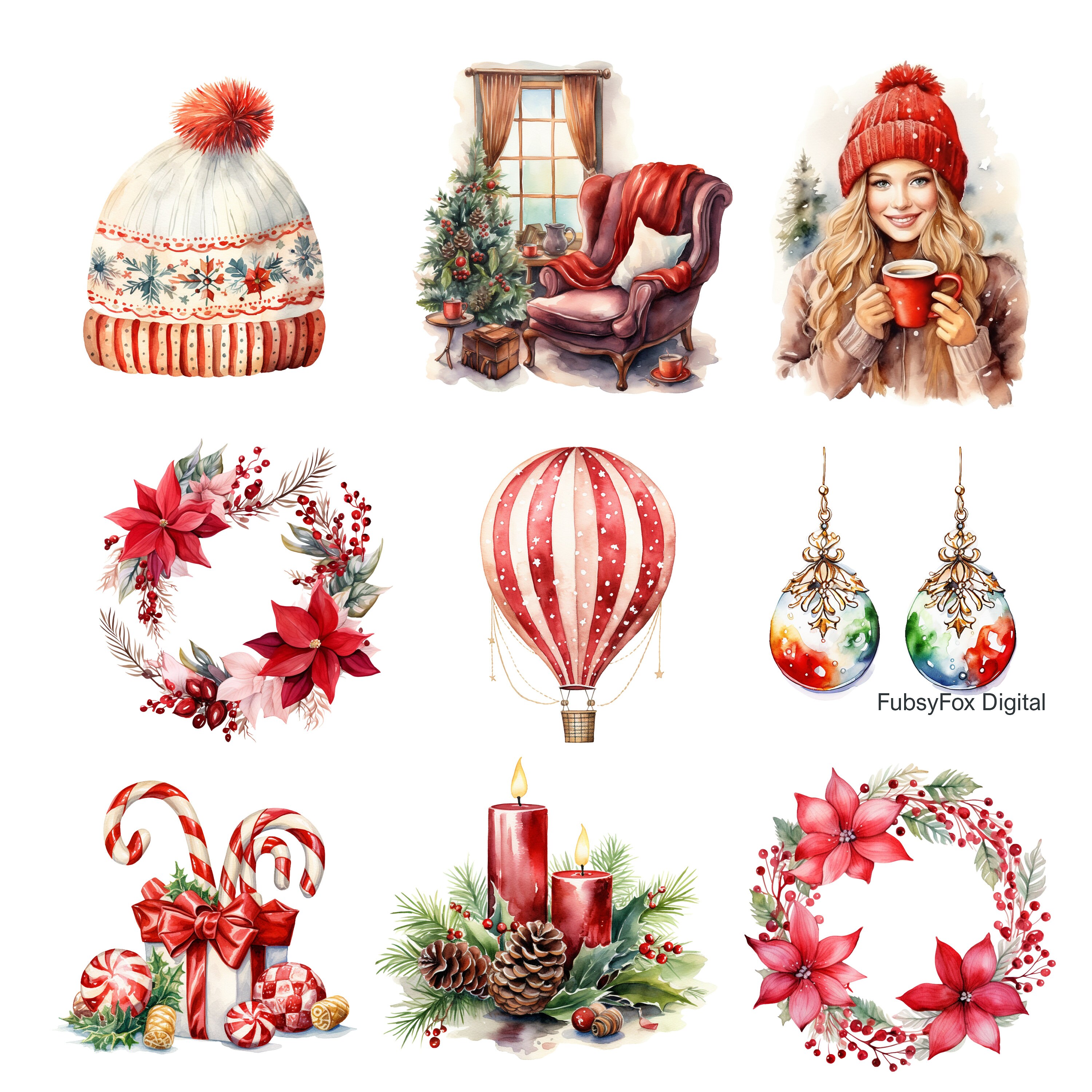 Red Ruby Christmas Digital Clipart Pack - Red Watercolor Illustrations - Holiday Art ...