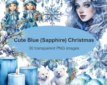 Retro Blue Christmas / Santa Png Clipart Watercolor Winter Bundle Junk ...