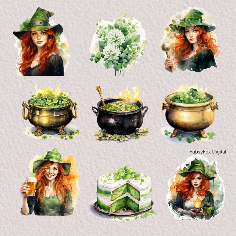 Witch St Patricks Day Png Watercolor Bundle, Mystical Clipart, St ...