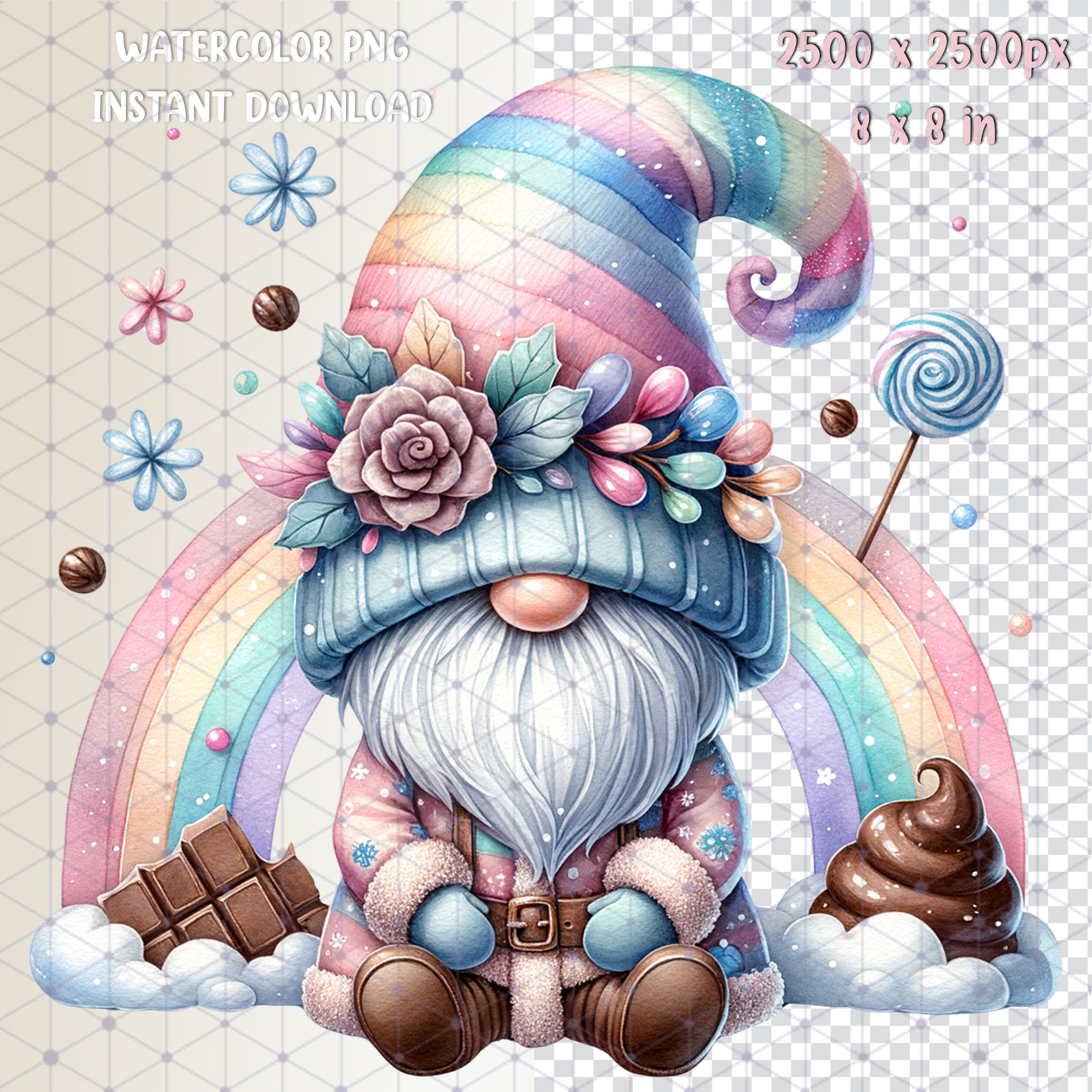 Watercolor Chocolate Candy Gnomes Clipart 25 PNG Festive Gnome, Cute ...