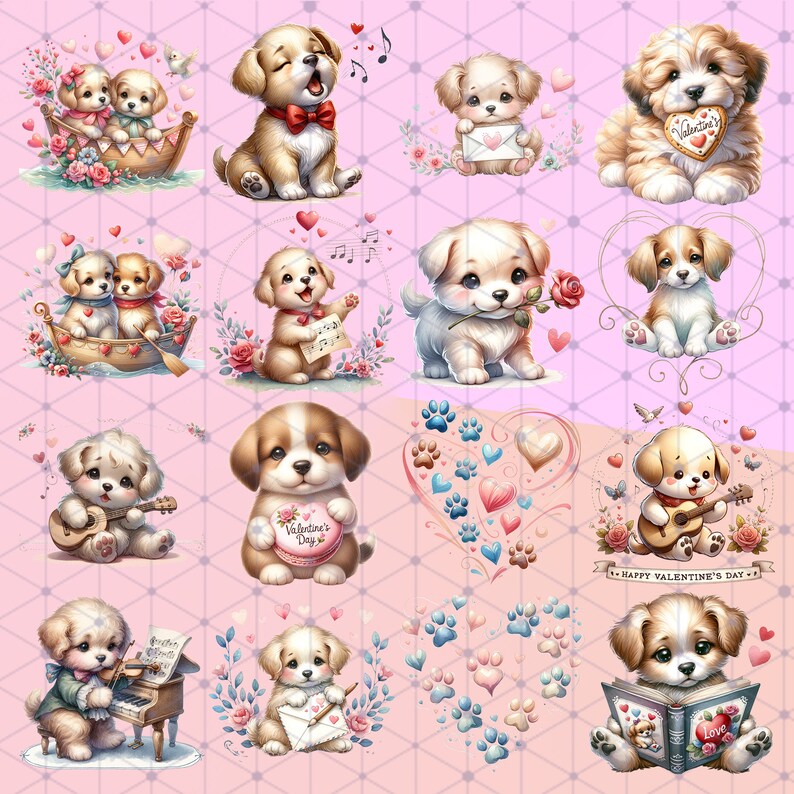 32 Valentine's Day Puppy Love Watercolor Clipart Collection, Valentine ...