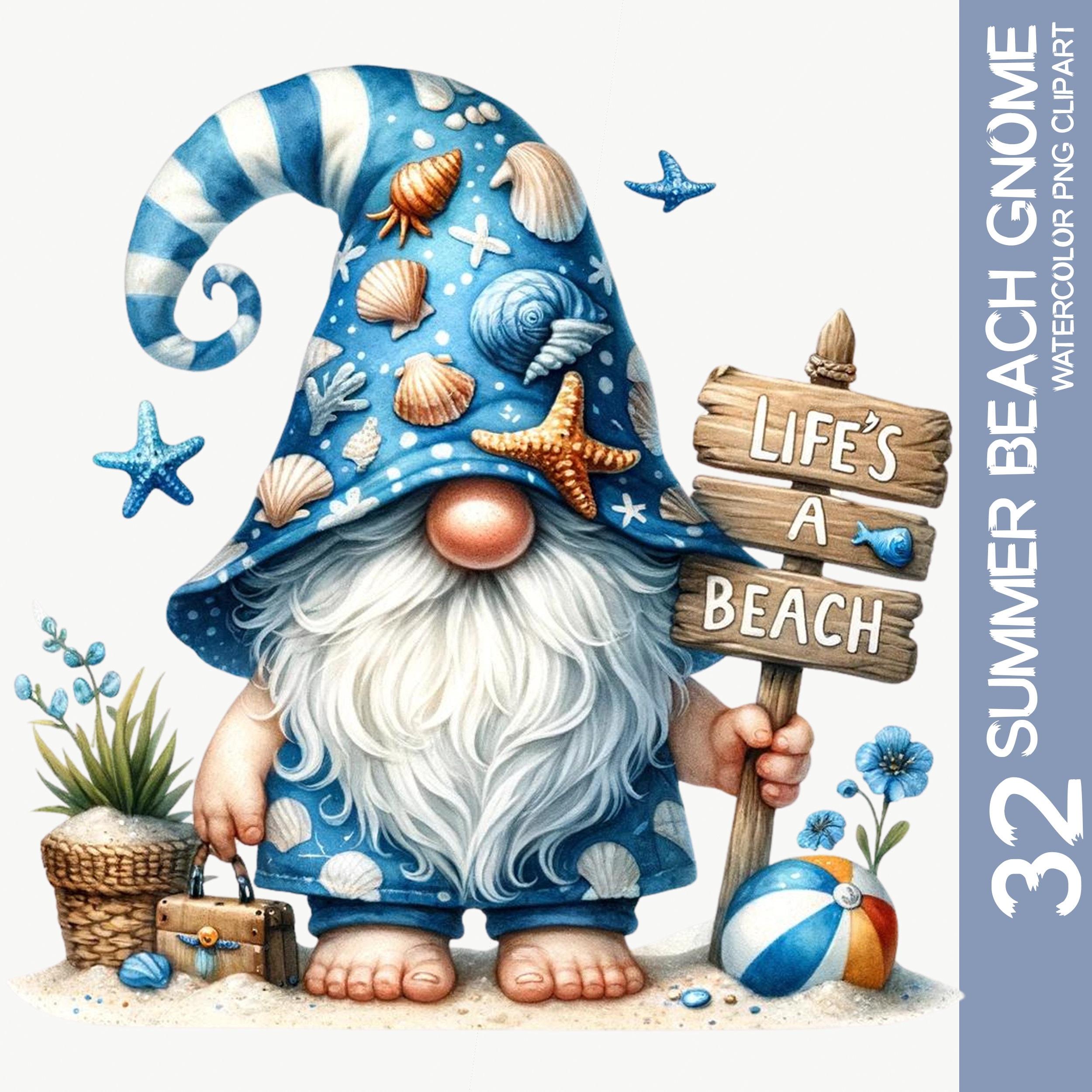 32 Enchanted Seashell & Starfish Gnome Clipart Bundle Watercolor Summer ...