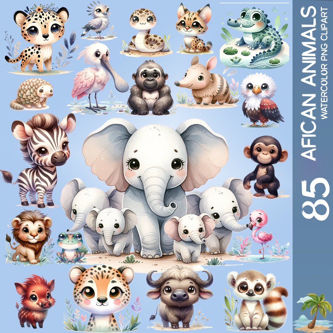 85 African Wild Animals Watercolor Clipart Collection, PNG Format, Lion ...
