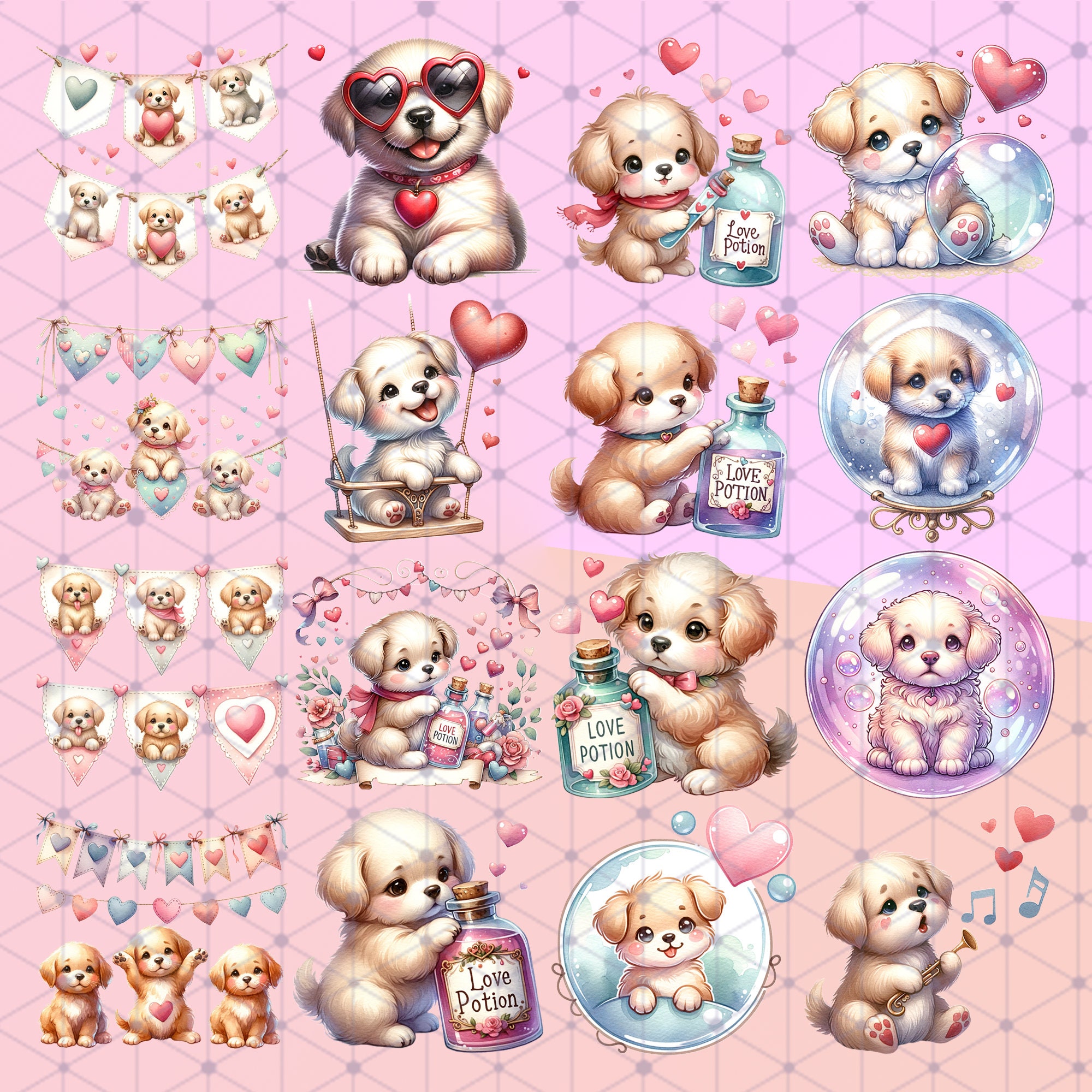 32 Valentine's Day Puppy Love Watercolor Clipart Collection, Valentine ...