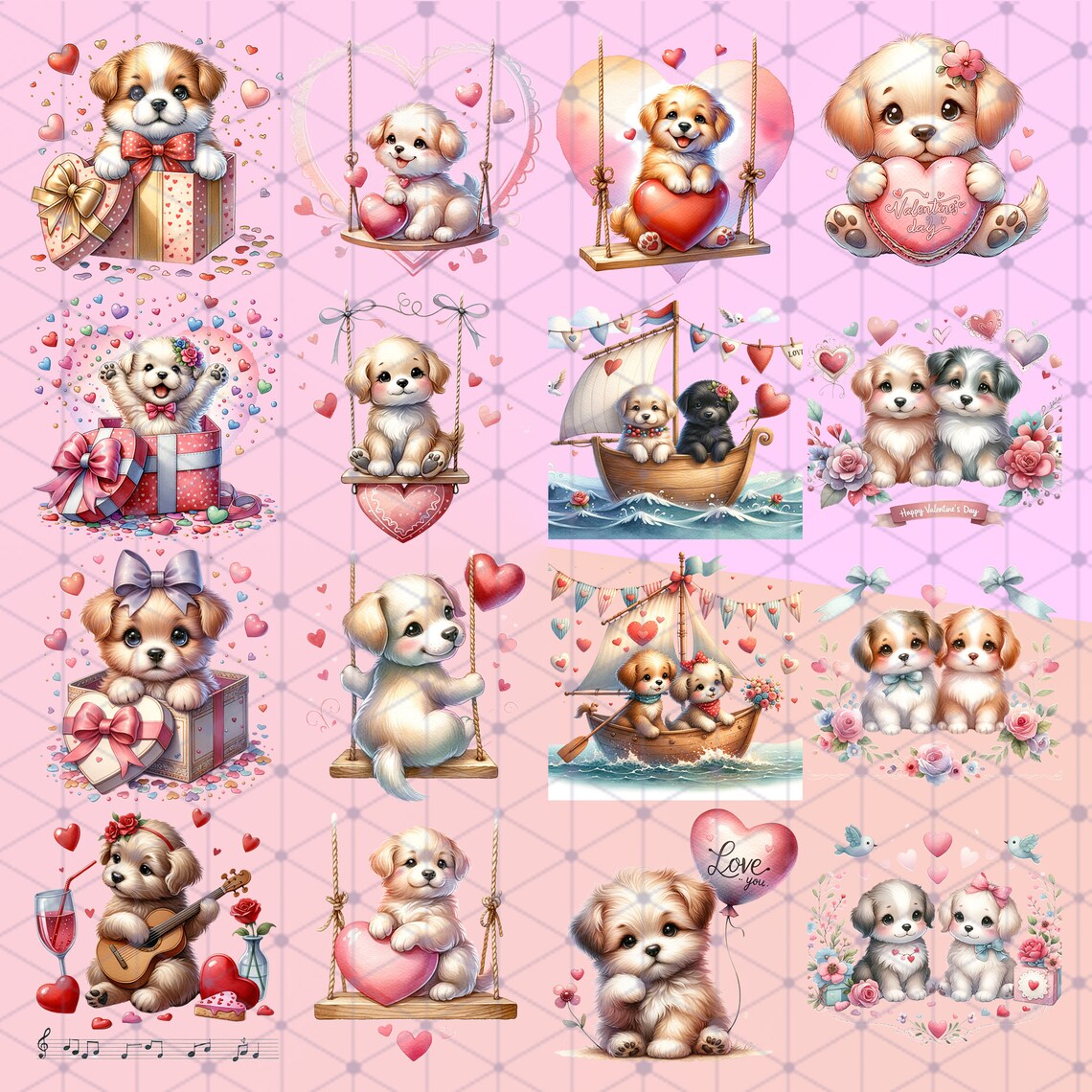 32 Valentine's Day Puppy Love Watercolor Clipart Collection, Valentine ...