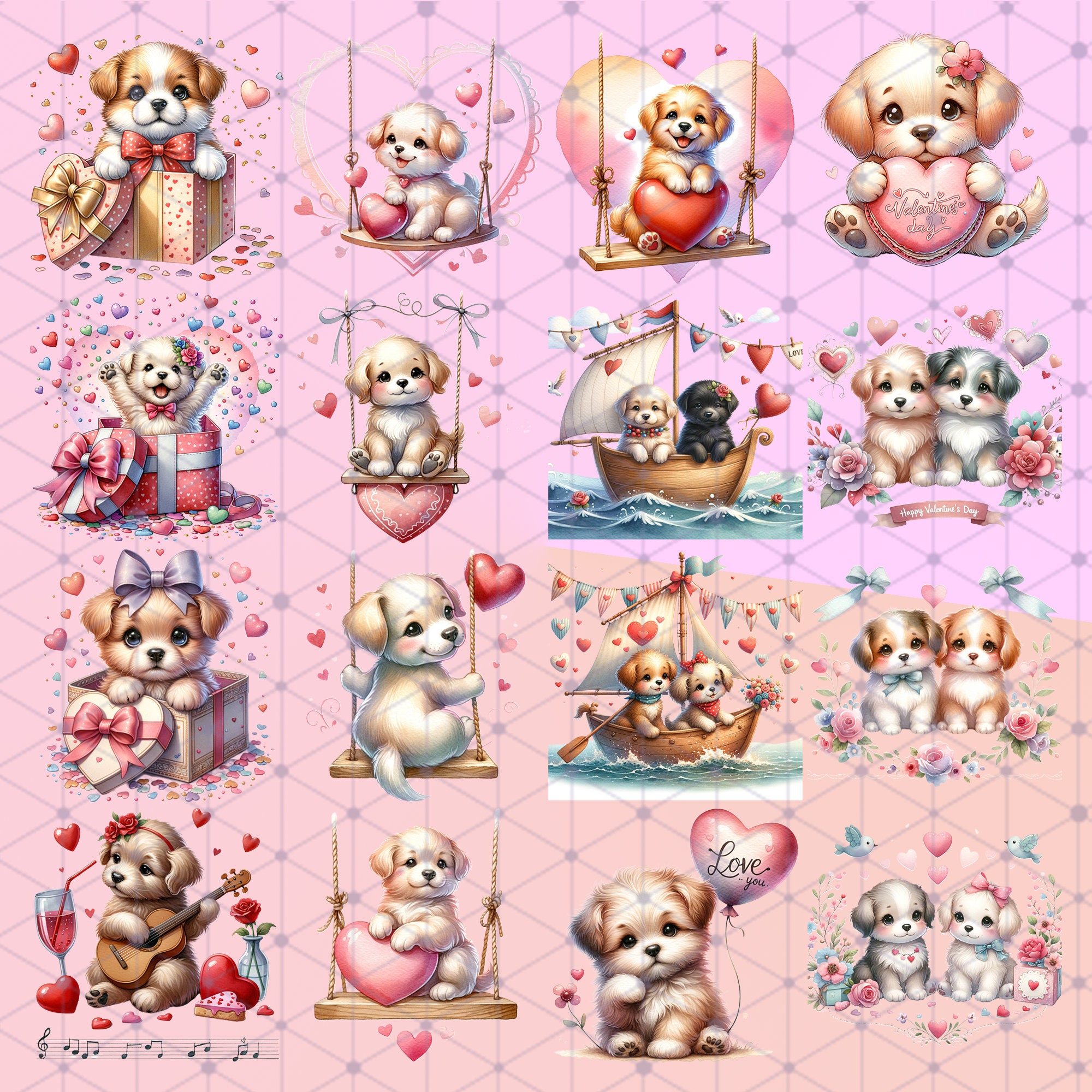 32 Valentine's Day Puppy Love Watercolor Clipart Collection, Valentine ...