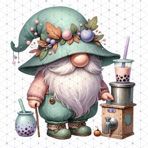 Watercolor Bubble Tea Gnomes Clipart Bundle: Nursery PNG (digital ...