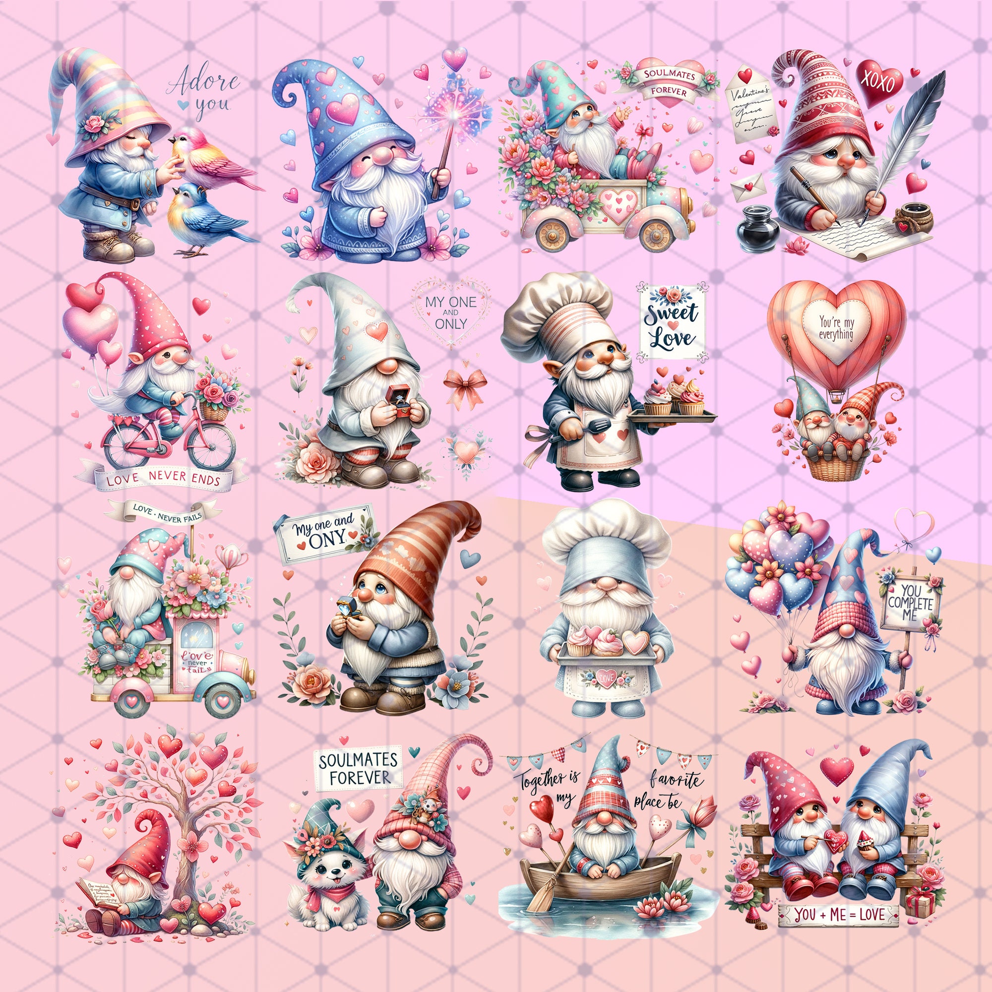 Watercolor Valentines Gnomes Clipart, 16 PNG Love Gnomes Clipart ...